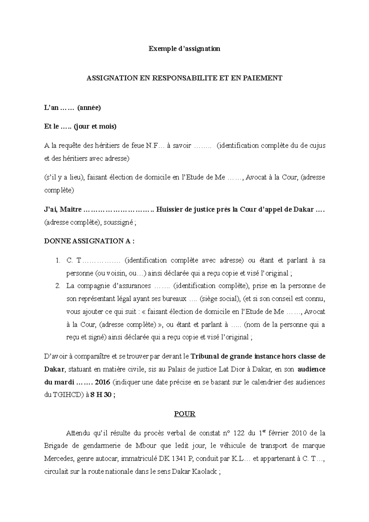 Exemple assignation - Exemple d’assignation ASSIGNATION EN ...