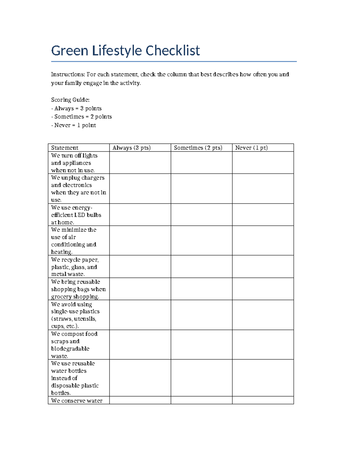 Green Lifestyle Checklist: A Guide to Eco-Friendly Practices - Studocu