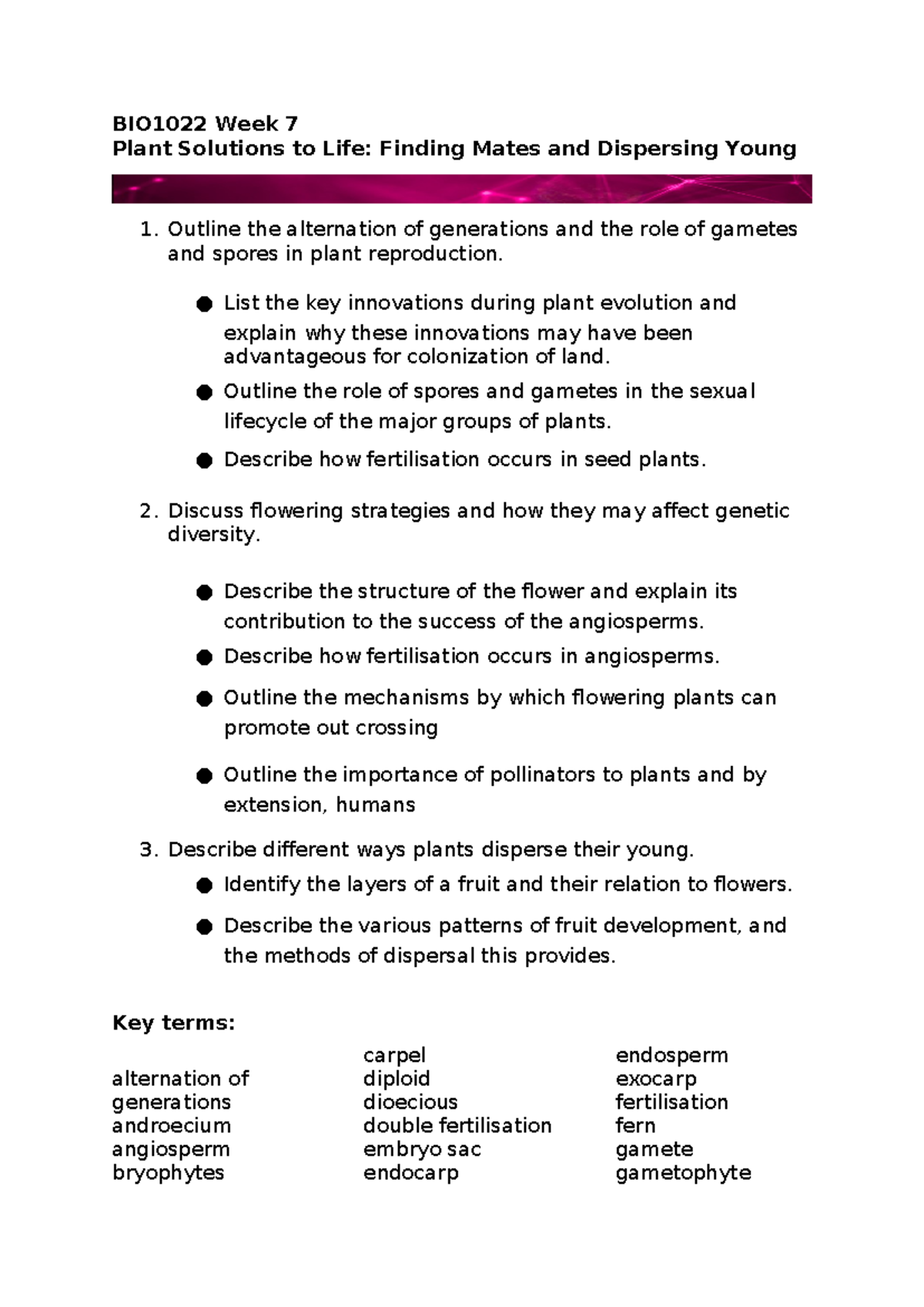 WEEK 7 Guide - week 7 plants - BIO1022 Week 7 Plant Solutions to Life ...