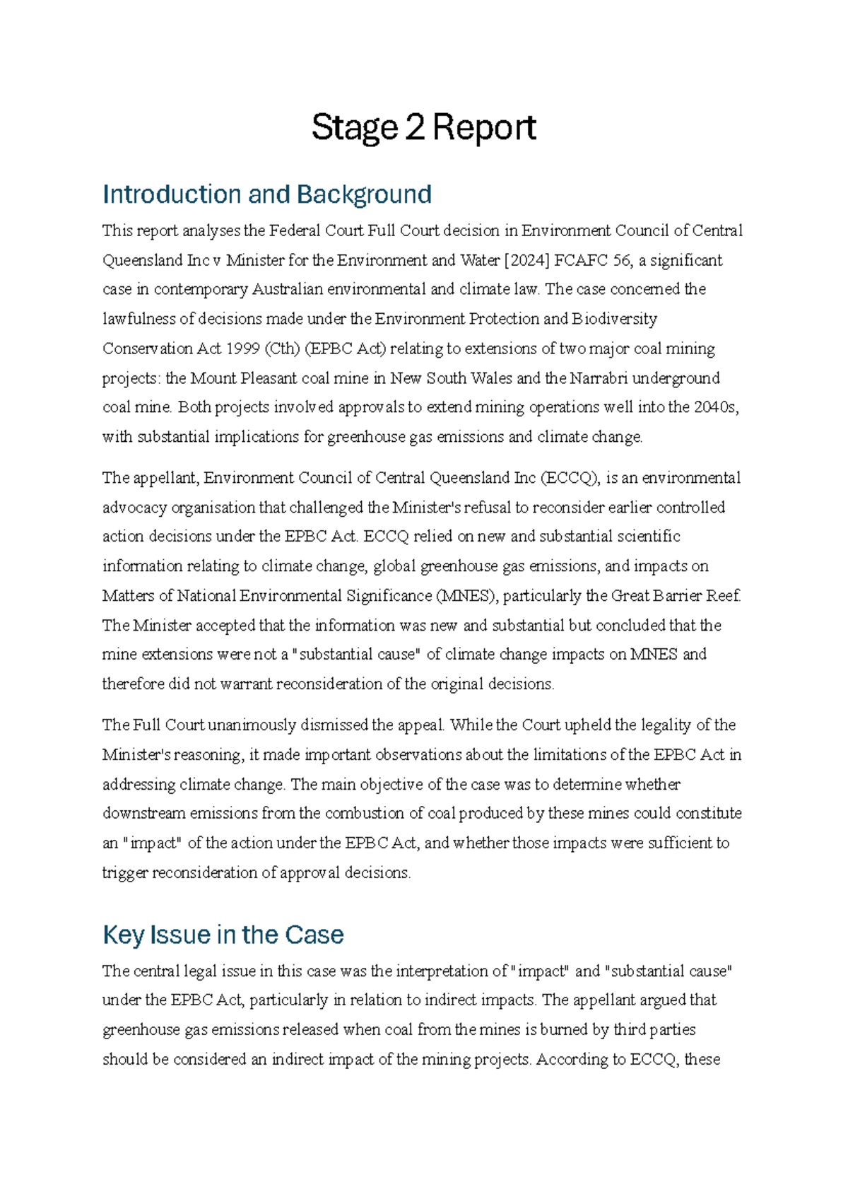 Stage 2 Report: Analysis of ECCQ v Minister for the Environment FCAFC ...