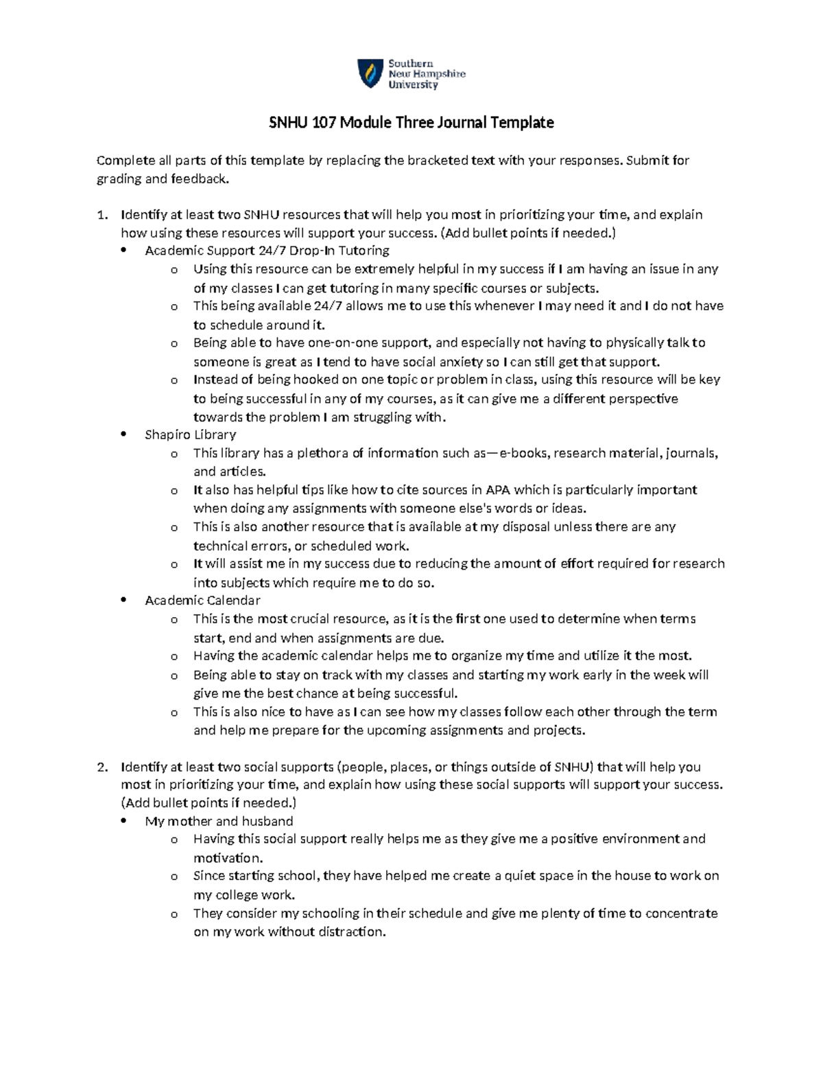 SNHU 107 Module Three Journal: Prioritizing Time for Success - Studocu