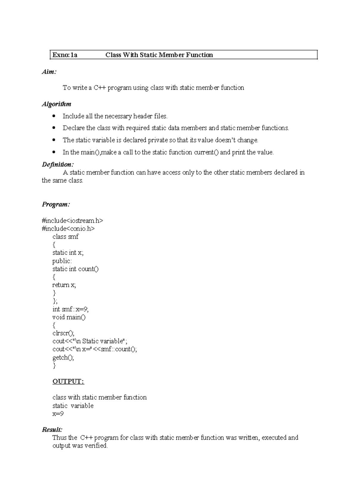 ExNo:1-6 Lab Manual on Static Functions, Default Args, Complex & Matrix Classes - Studocu