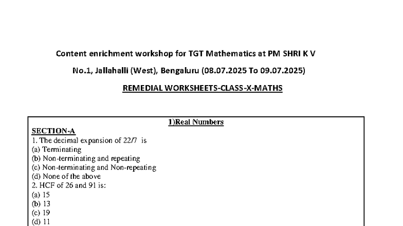 Remedial Worksheets for Class X Maths (2025-26) - Studocu