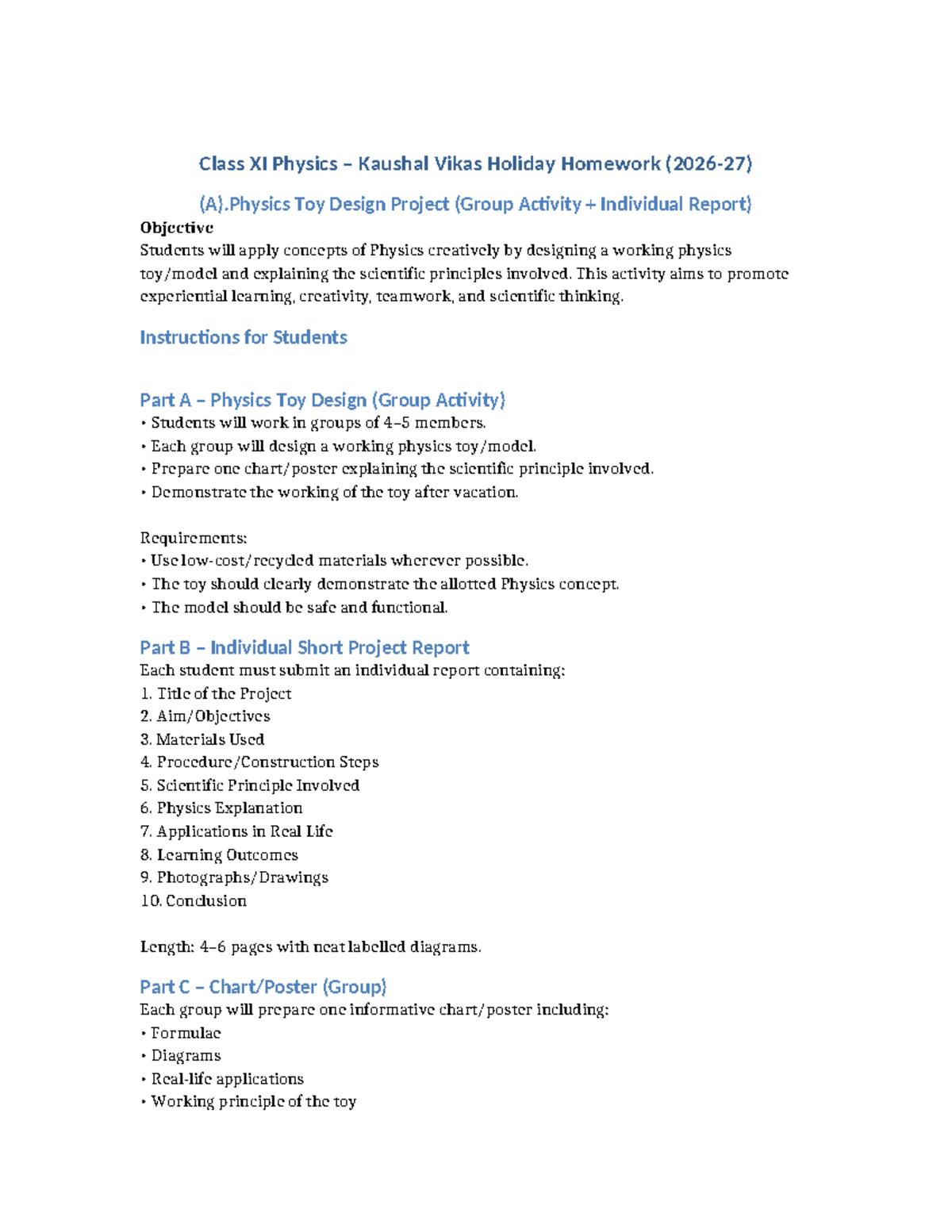 Class XI Physics Holiday Homework: Toy Design Project Report - Studocu