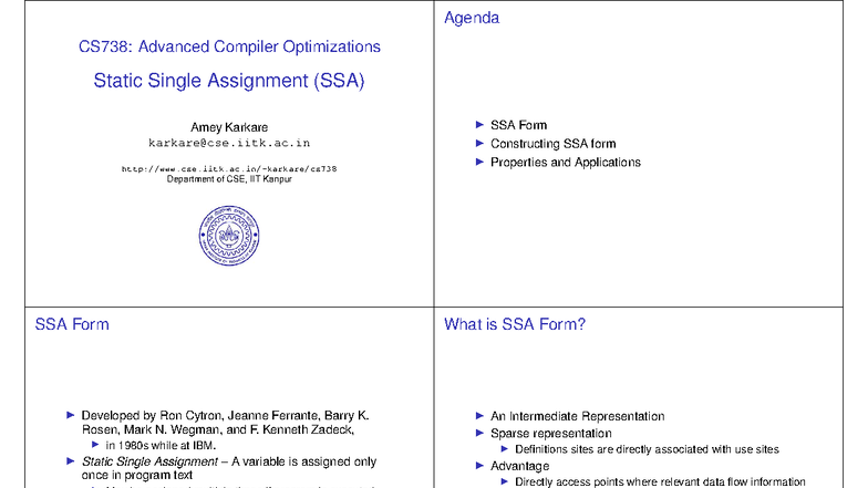 Agenda CS738: Advanced Compiler Optimizations - SSA Overview - Studocu