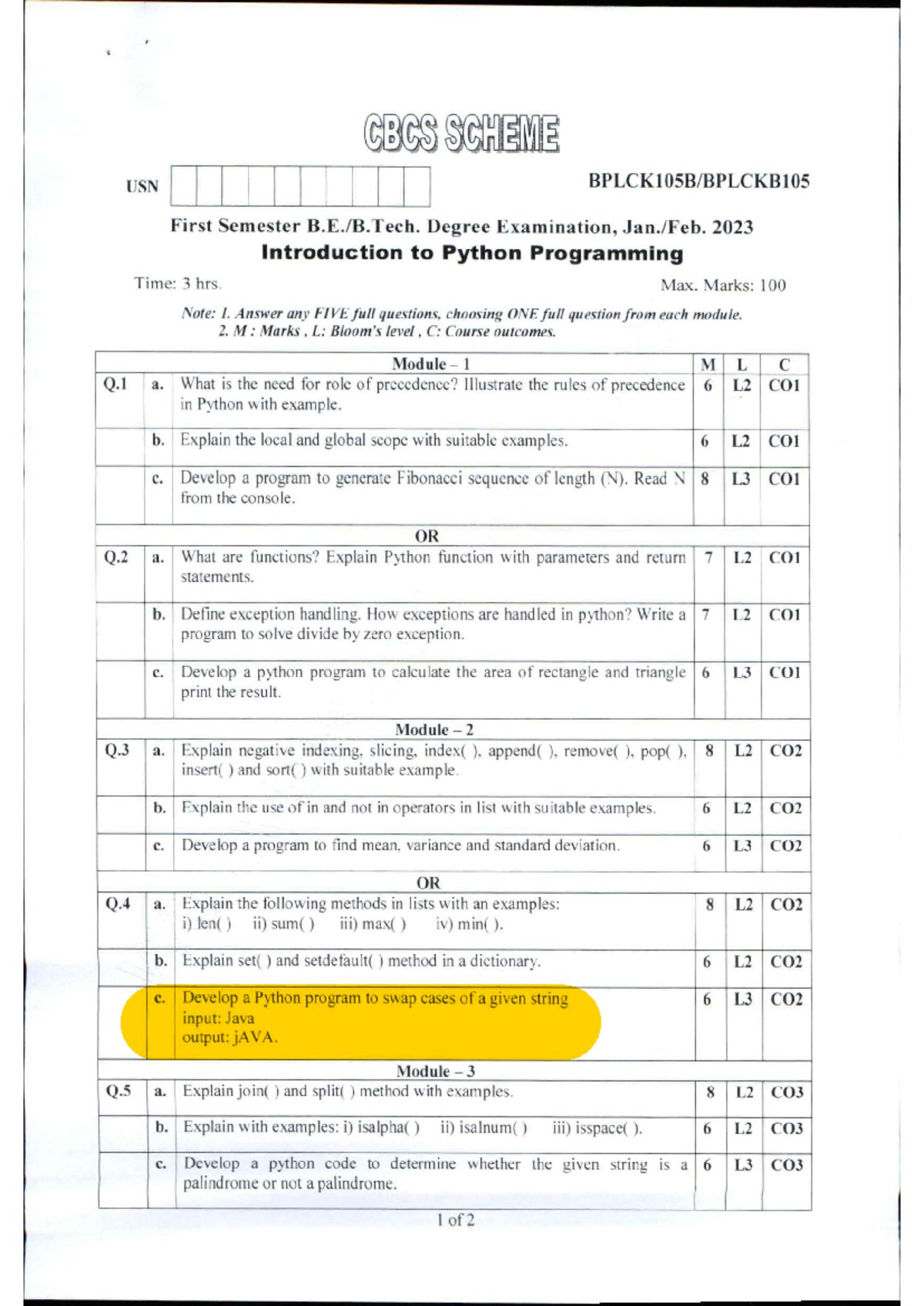 GEGSISGHENE USN 1st Sem Exam 2023: Intro to Python Programming - Studocu
