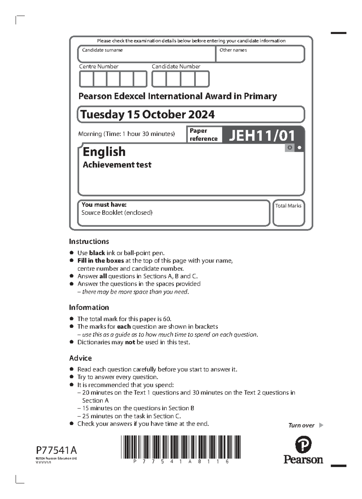 Pearson Edexcel International Award in Primary English Achievement Test ...