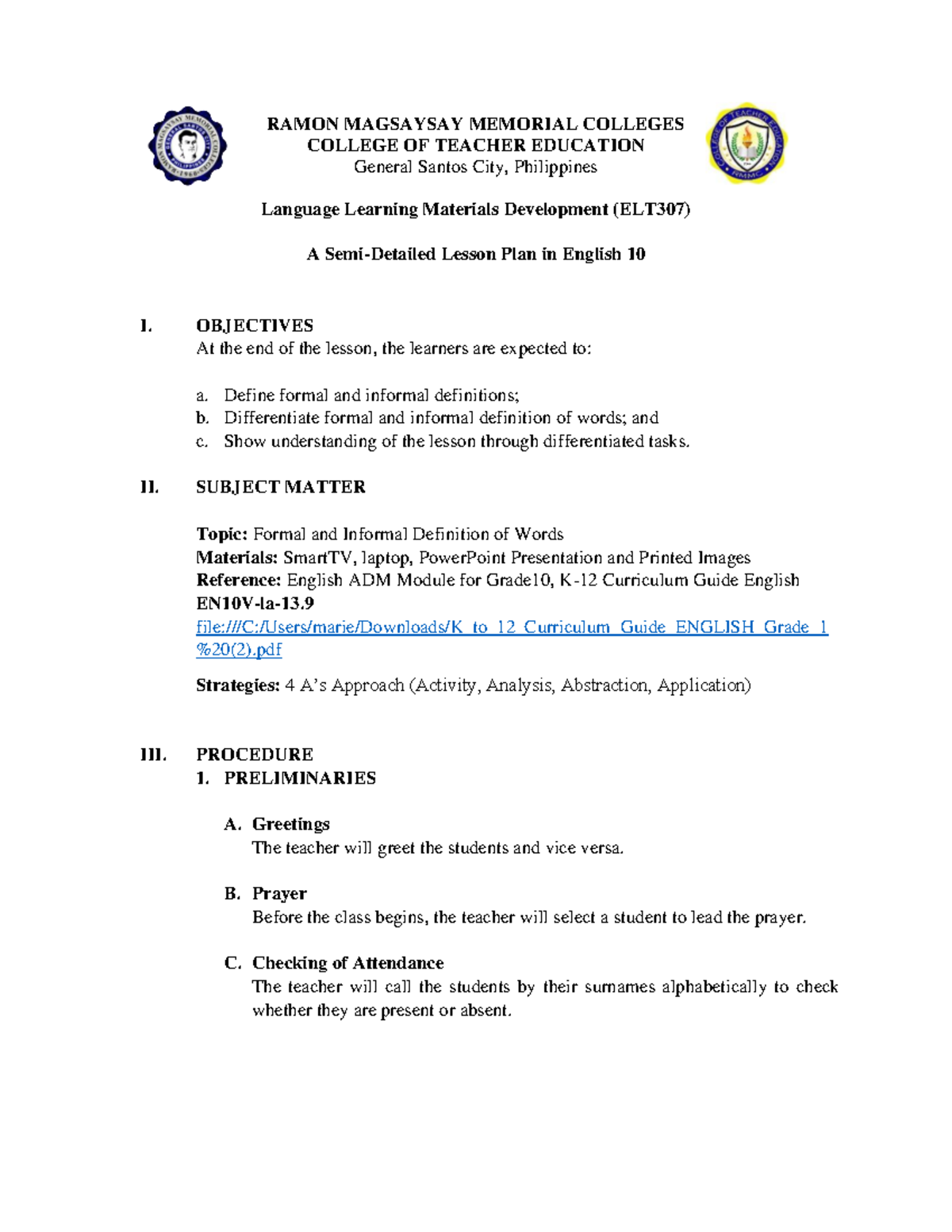 Semi-Detailed Lesson Plan: Formal vs Informal Definitions (ELT307 ...