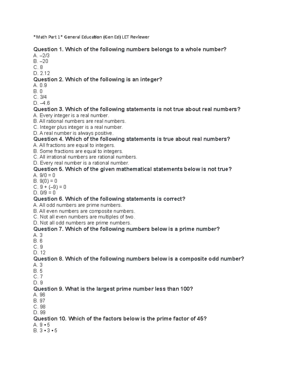 Gen.Ed Mathematics (LET) Reviewer - Comprehensive Guide - Studocu