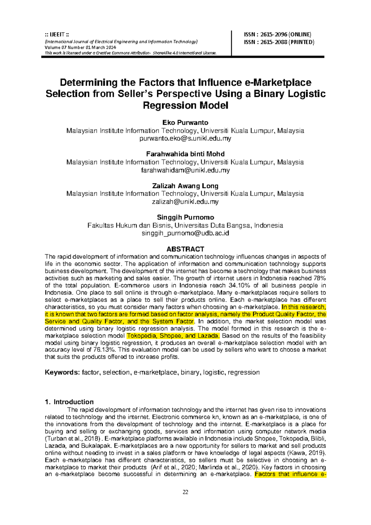 Factors Influencing e-Marketplace Selection: A Binary Logistic Analysis ...