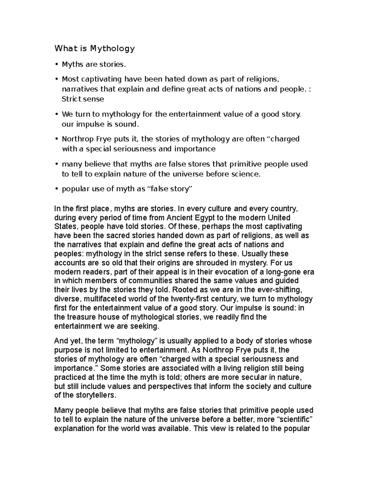 MYTH intro - Lecture notes 1-2 - What is Mythology Myths are stories ...