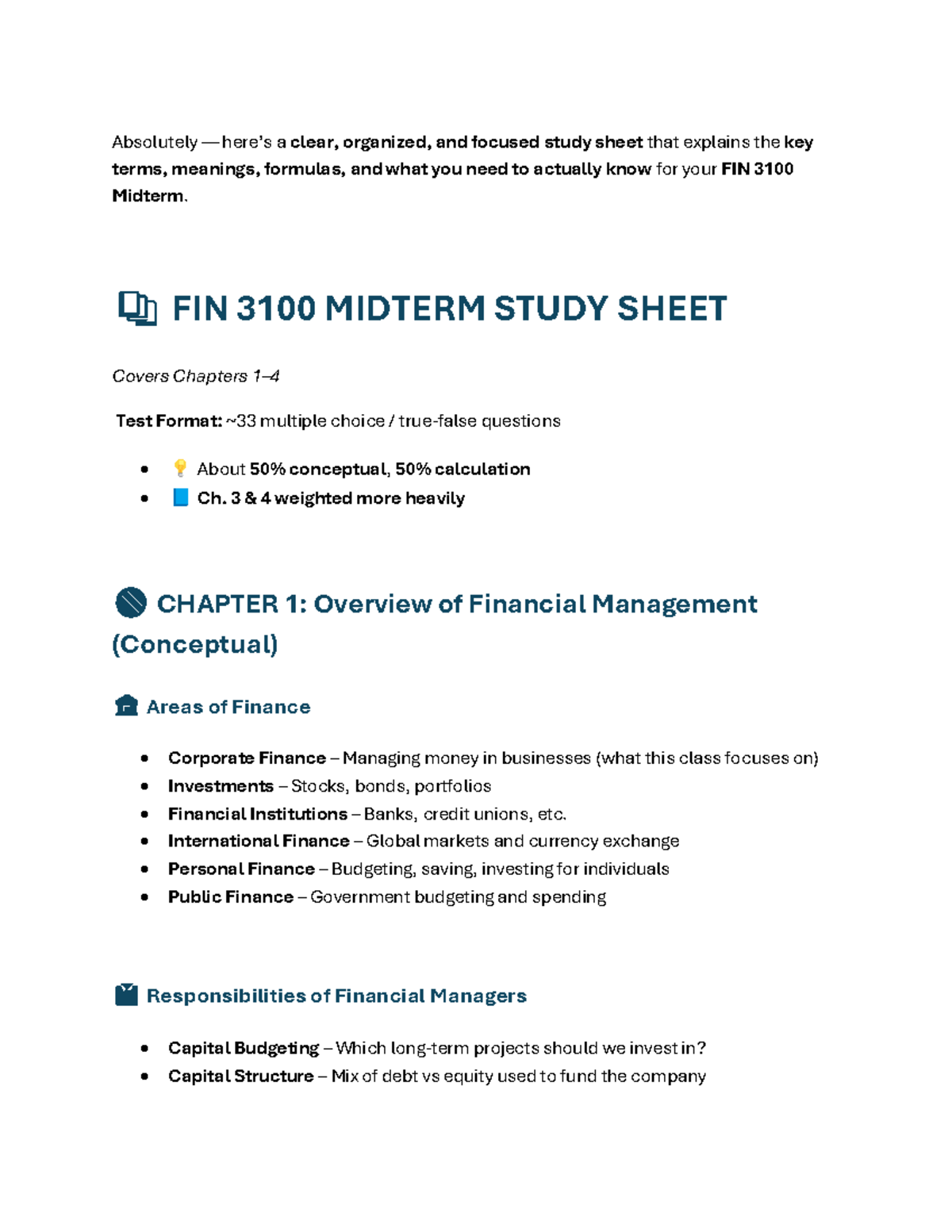 FIN 3100 Midterm Study Sheet: Key Terms & Concepts from Ch. 1-4 - Studocu
