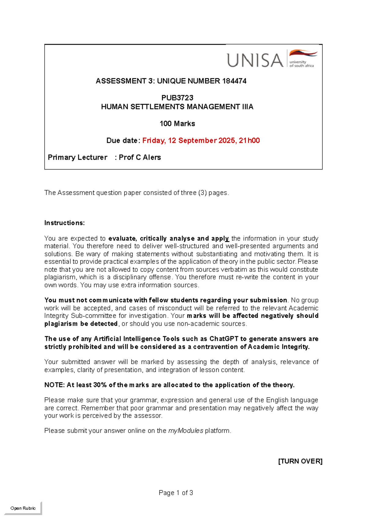 PUB3723 Assessment 3: Human Settlements Management Guidelines - Studocu