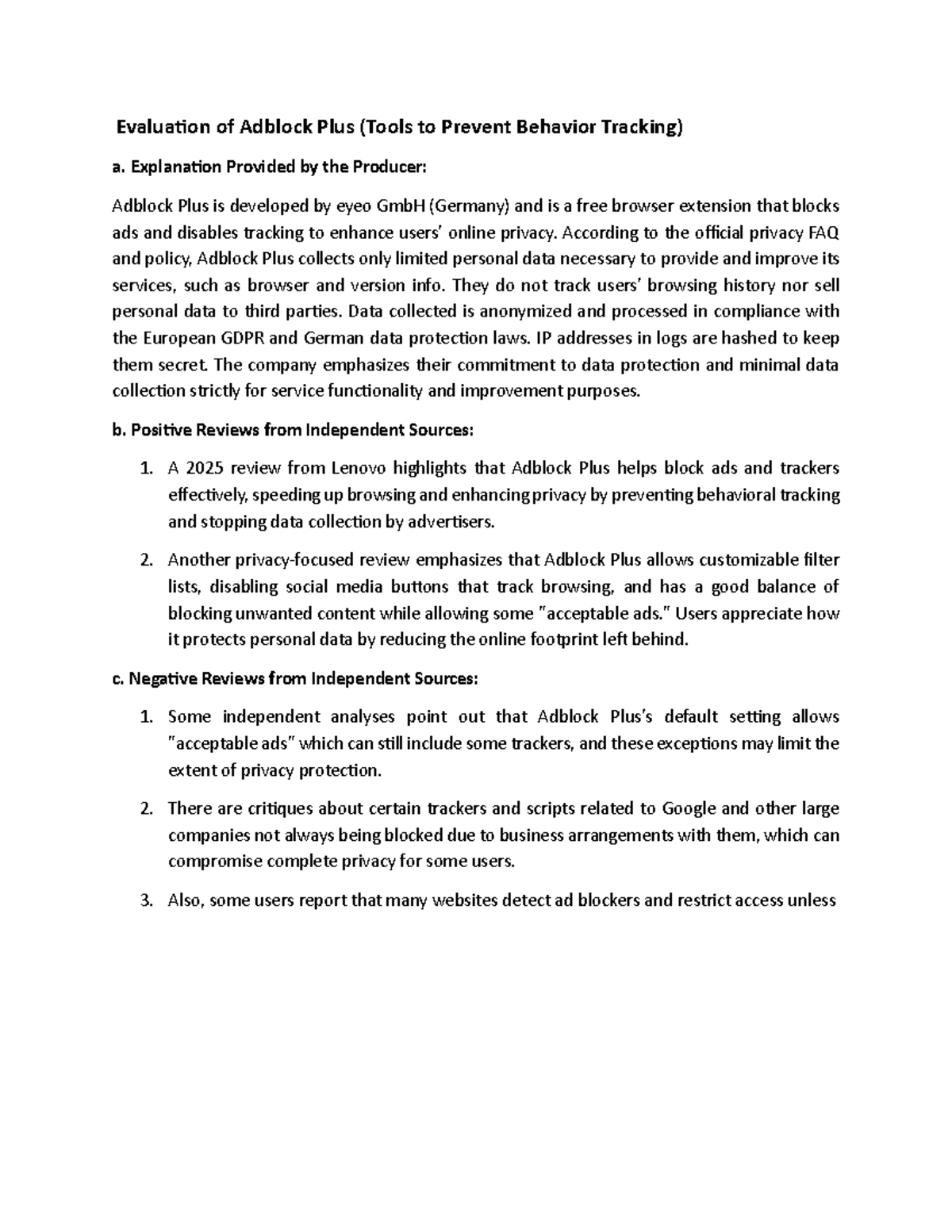 Evaluation of Adblock Plus: Privacy & Tracking Insights - Studocu