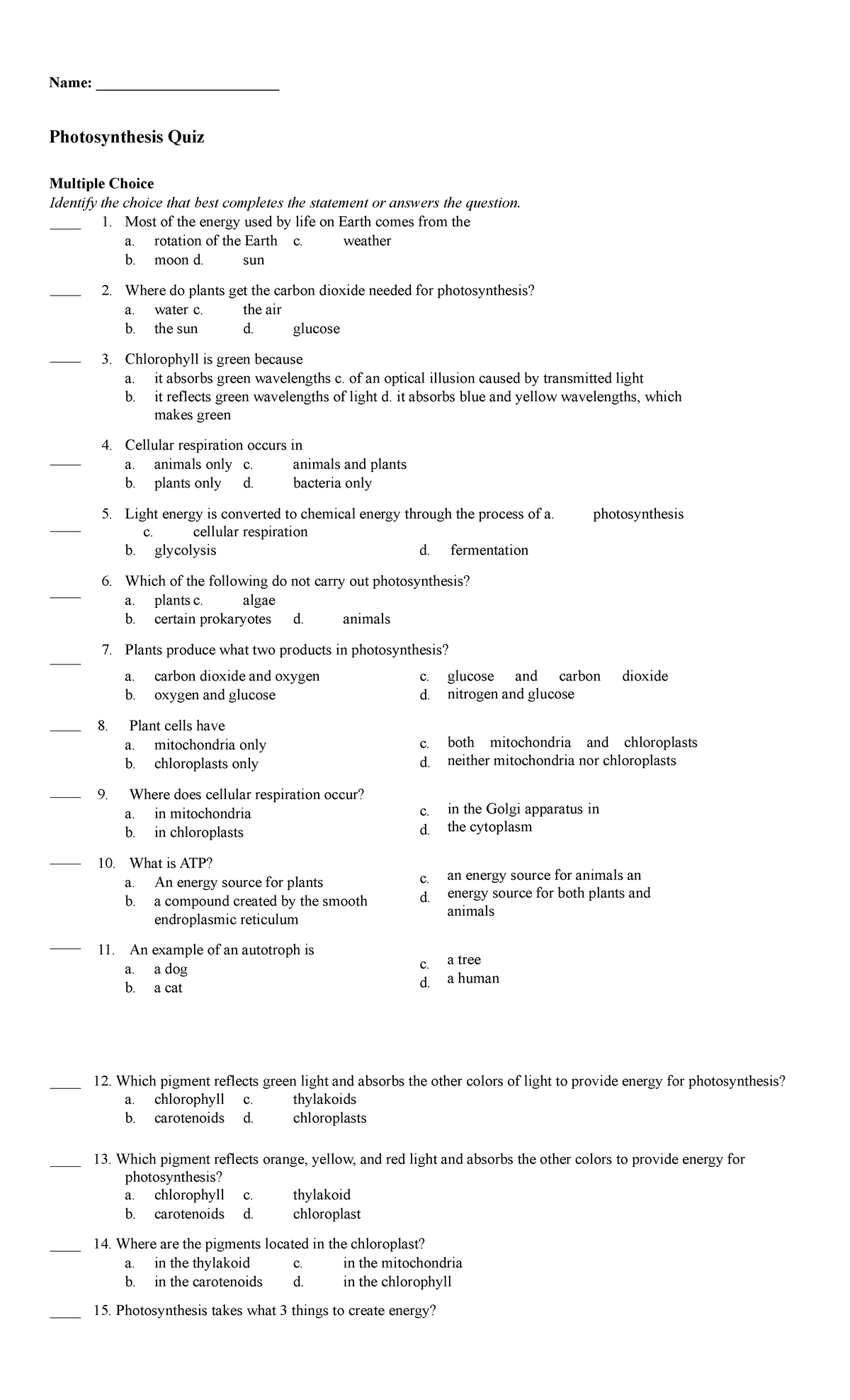 Photosynthesis Quiz (BIO101): Multiple Choice Questions & Answers - Studocu