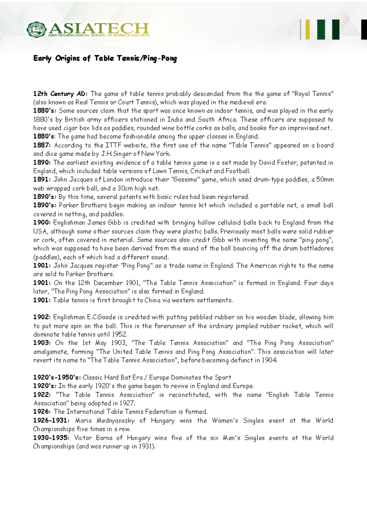 Early Origins of Table Tennis: Historical Timeline L3 - Studocu