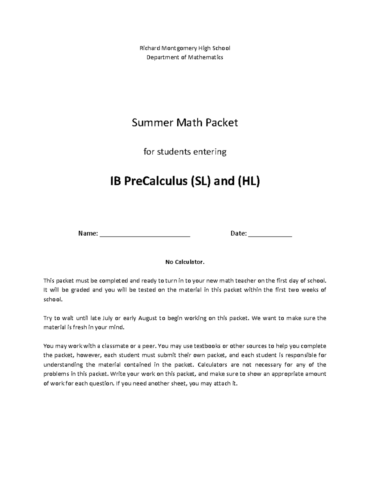 IB Precalculus Summer Math Packet for SL & HL Students - Studocu