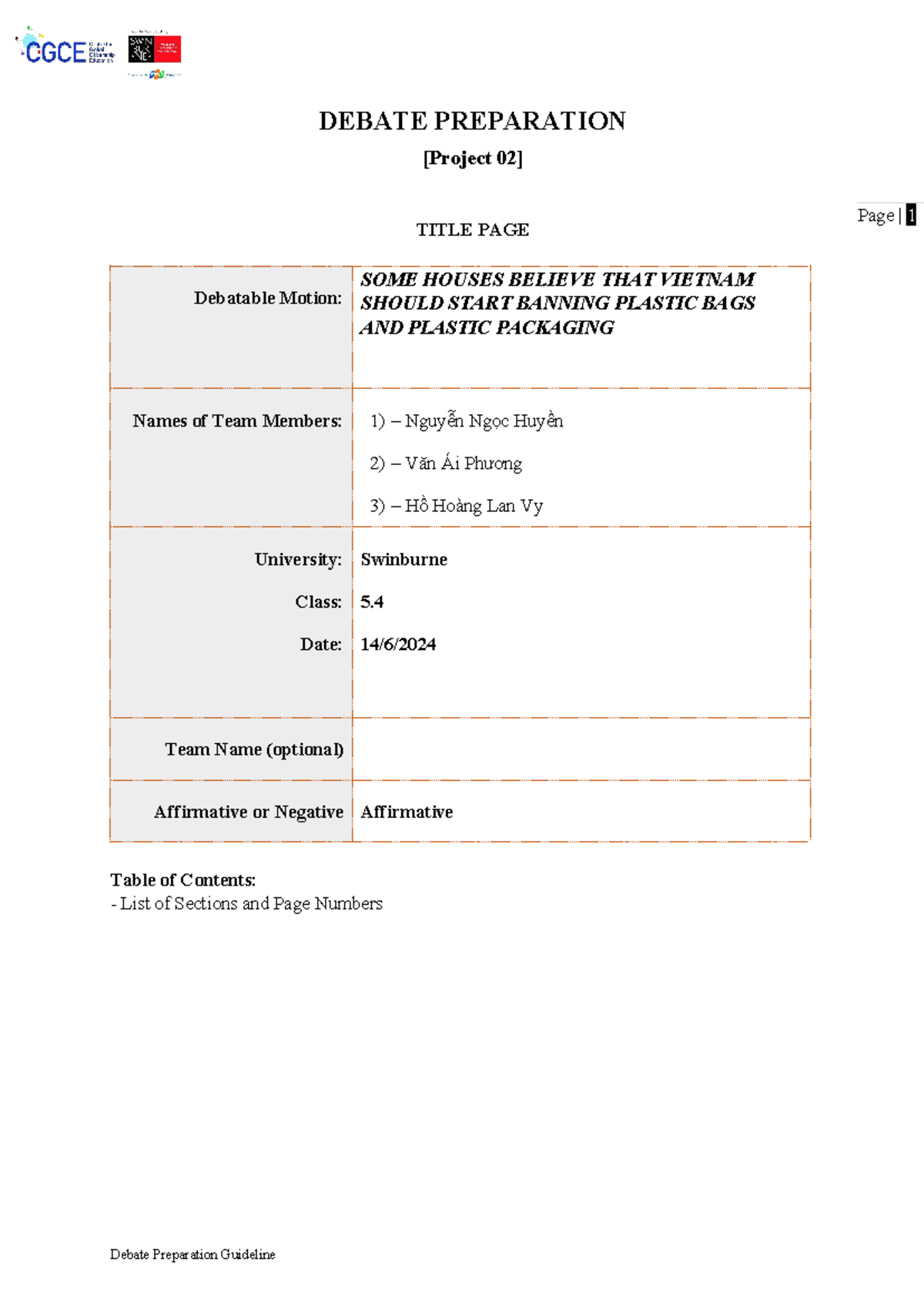 Project 02 Lv5 Debate Preparation Guide - Page | 1 DEBATE PREPARATION ...