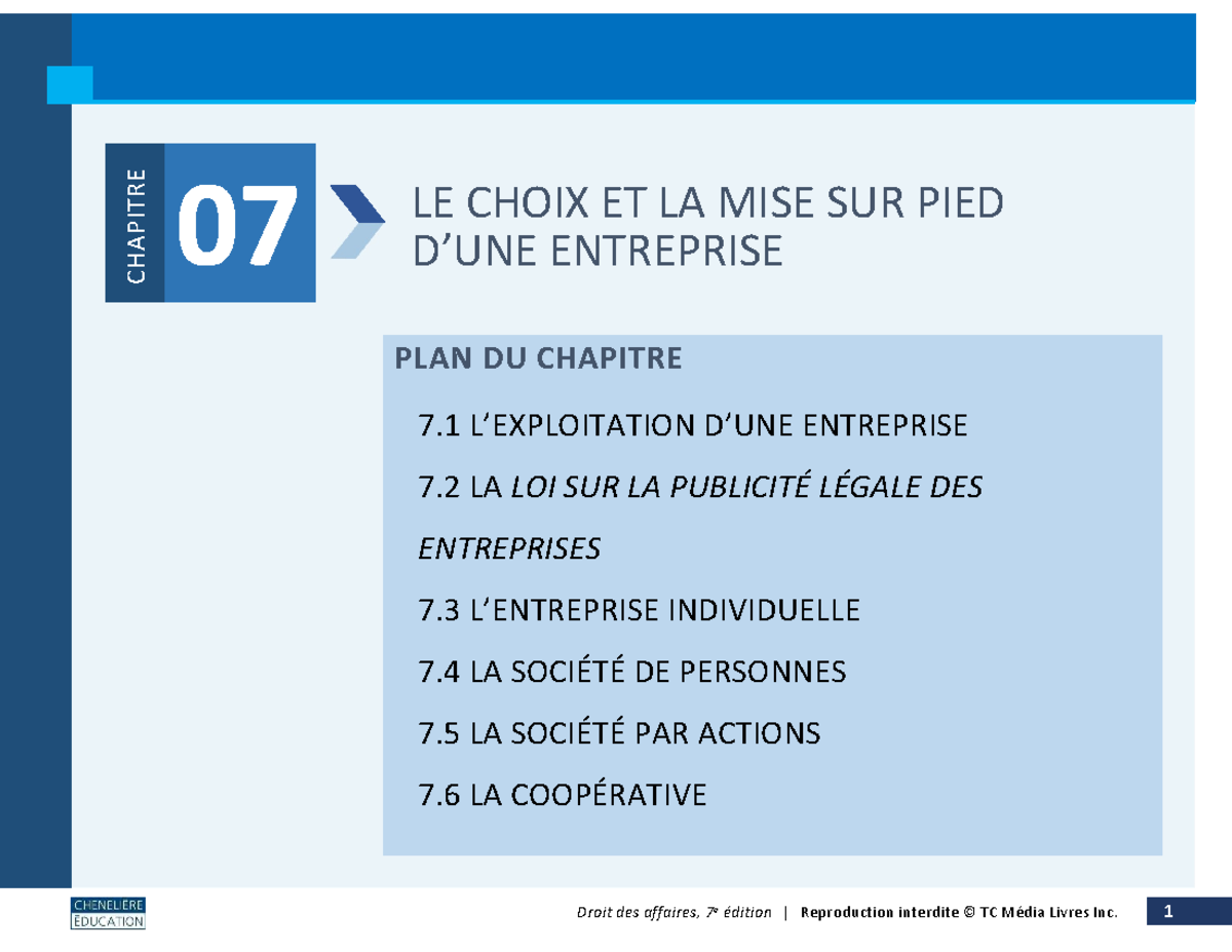 Chapitre 7 Mise sur pied d'une entreprise - CHAPITRE CHAPITRE PLAN DU ...