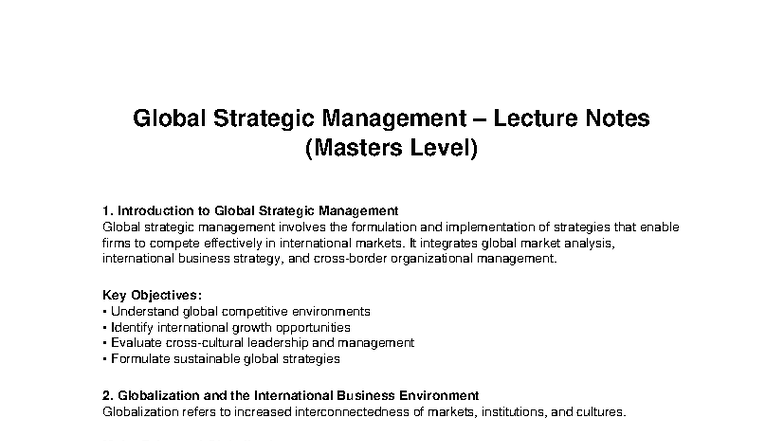 Global Strategic Management Lecture Notes (Masters Level) - Studocu