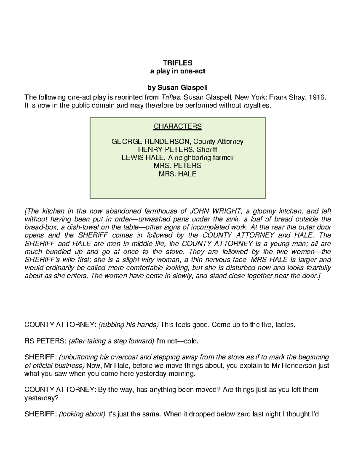 TRIFLES: A Study of Susan Glaspell's Play (ENG 101) - Studocu