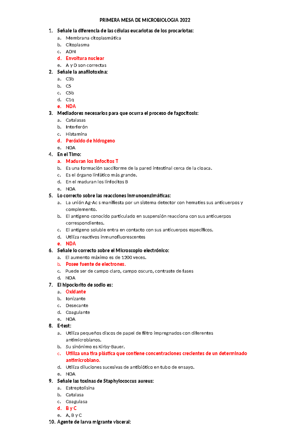 MESA DE MICROBIOLOGÍA 2022: Preguntas y Respuestas Clave - Studocu