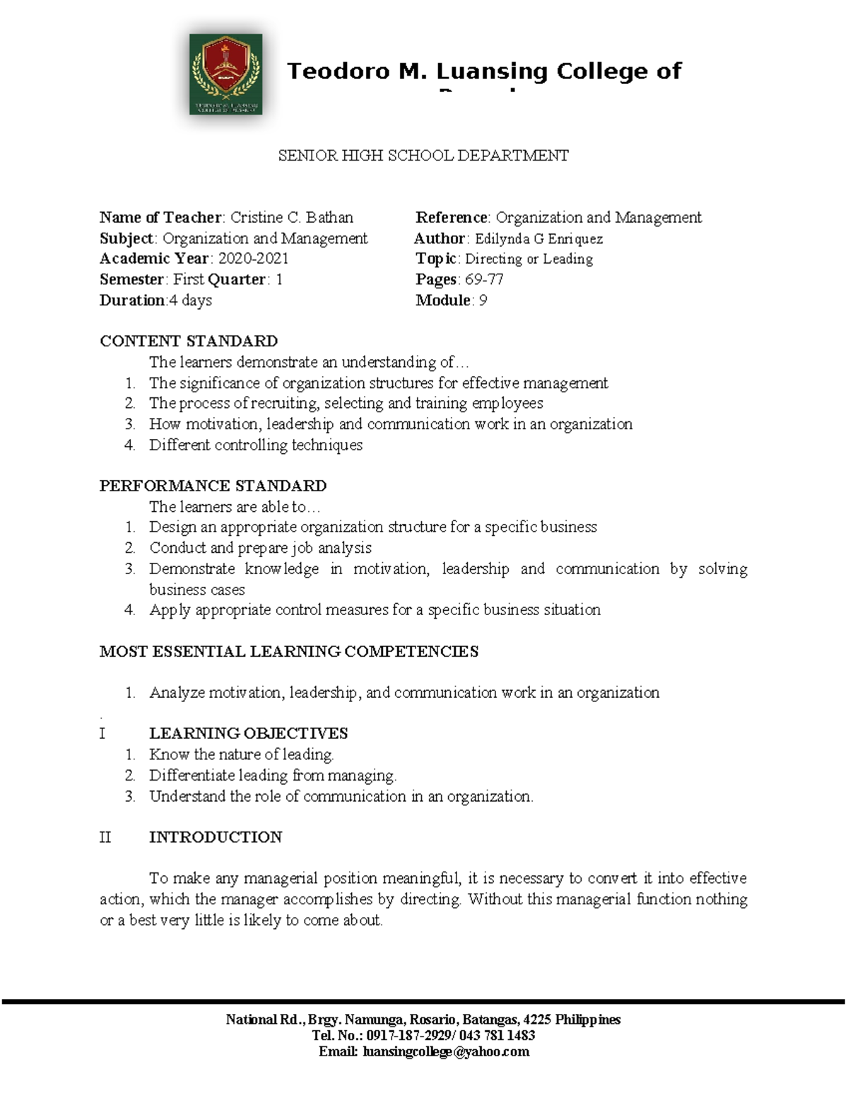 Module 9 - Directing and Leadership in Organization & Management - Studocu