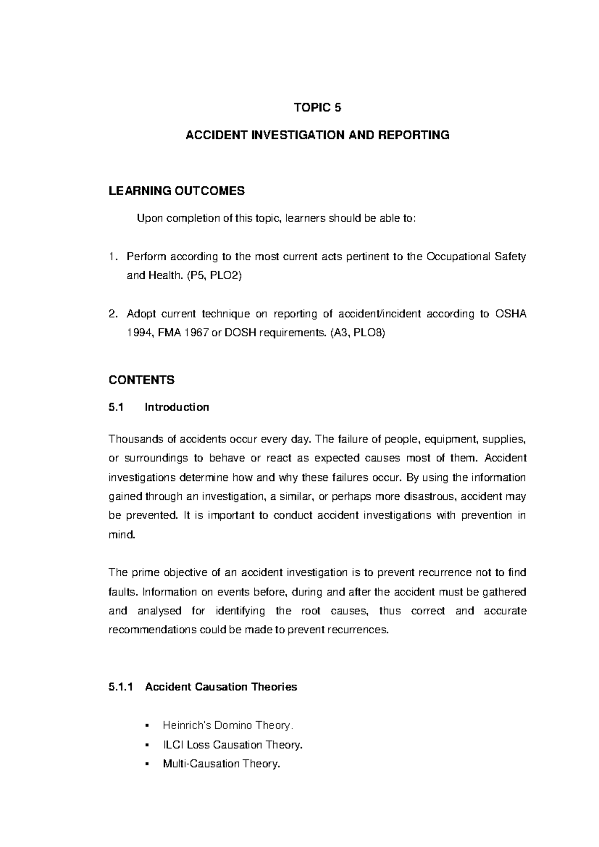Chapter 5 - OSH Notes - TOPIC 5 ACCIDENT INVESTIGATION AND REPORTING ...