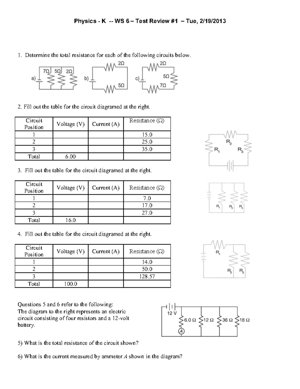 Physics K - WS 6: Circuit Test Review & Resistance Calculations - Studocu
