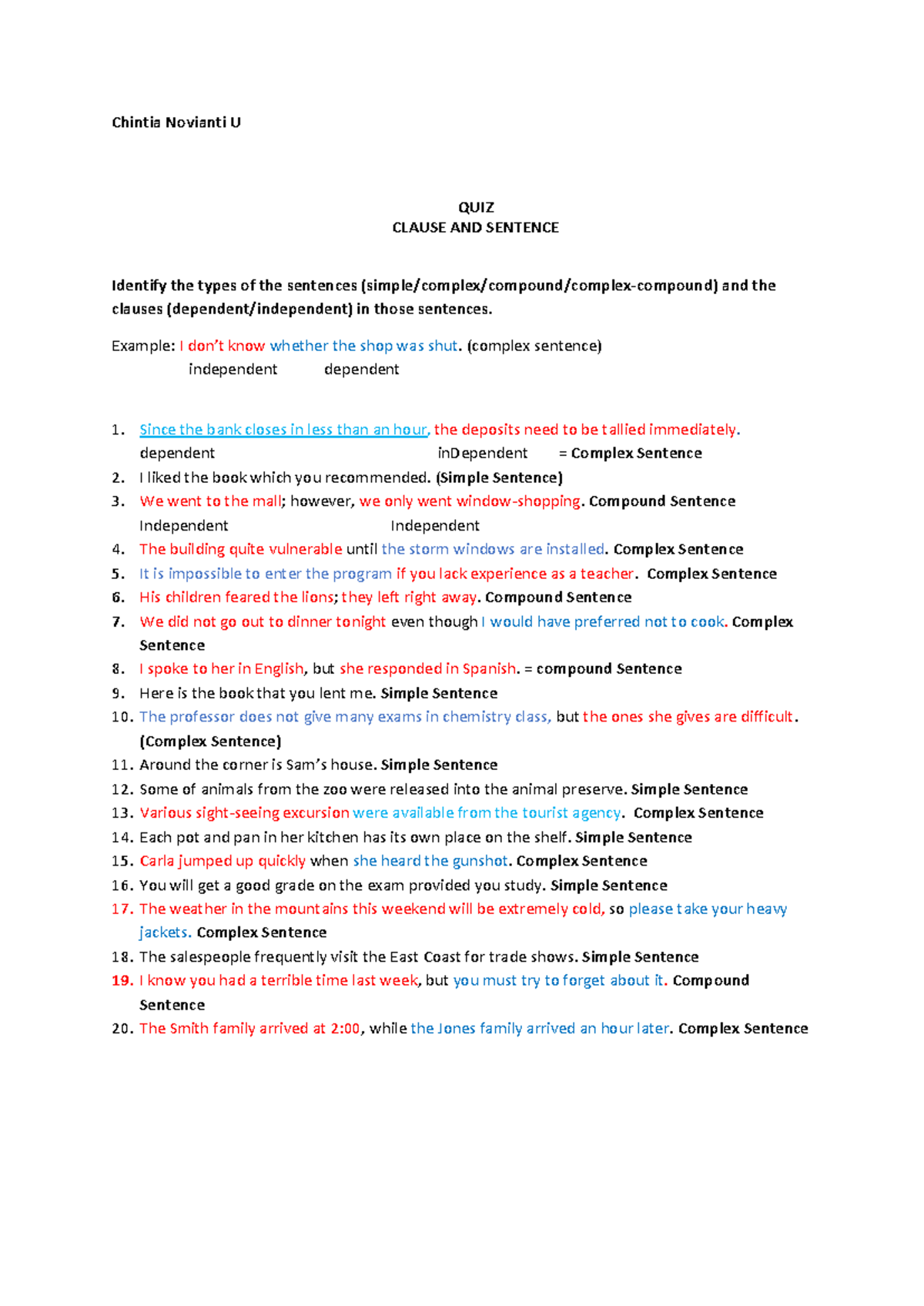 Clause and Sentence Quiz Analysis: Types of Clauses and Sentences - Studocu