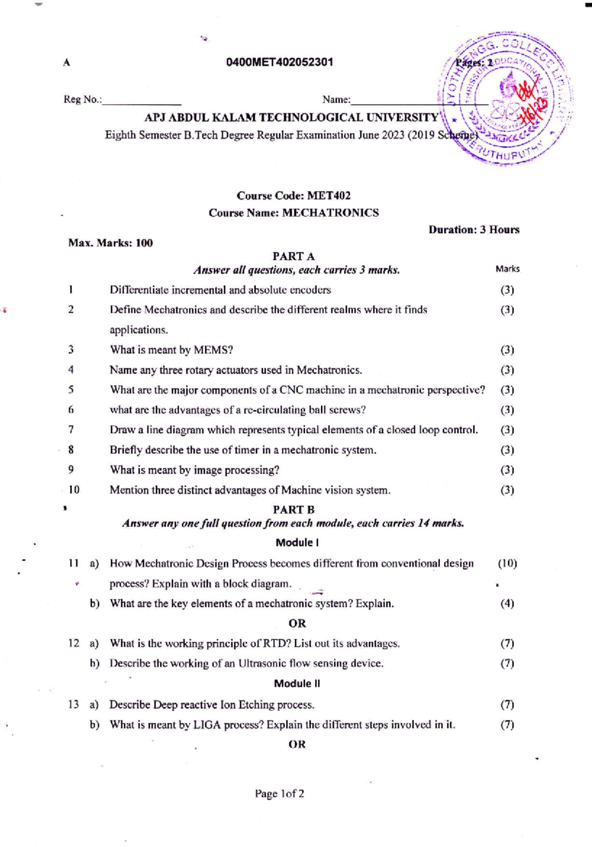 MET402 Mechatronics Final Exam Questions - June 2023 - Studocu