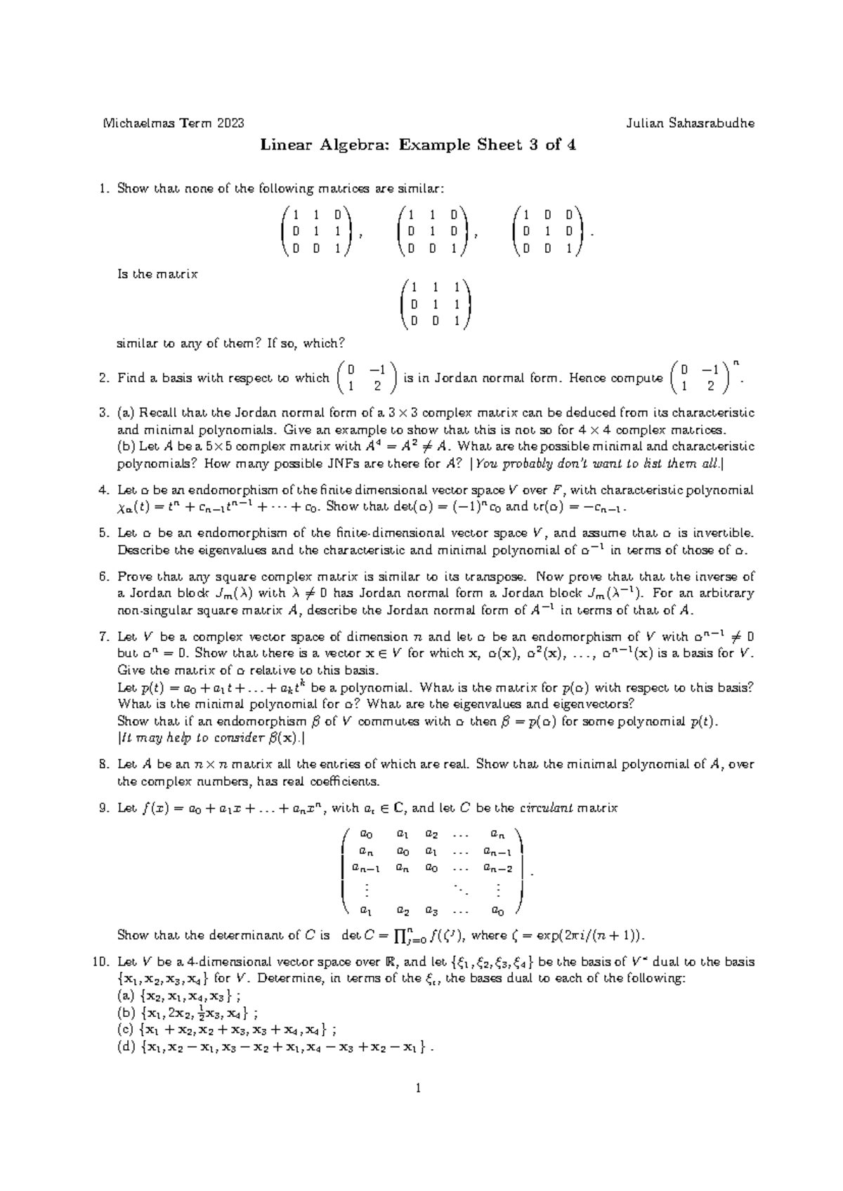 Lin alg ex3 2023 - Michaelmas Term 2023 Julian Sahasrabudhe Linear ...