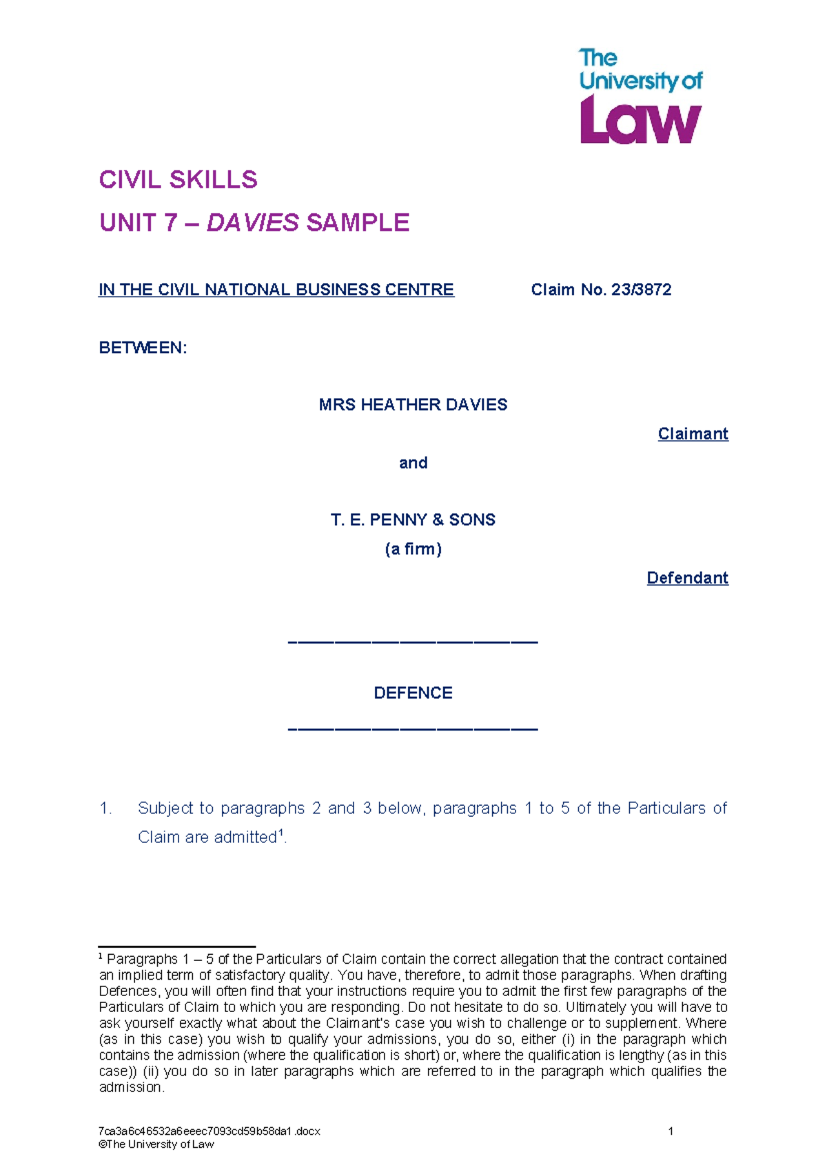 CIVIL LAW DEFENCE SAMPLE - DAVIES POC (CIVIL 101) - Studocu