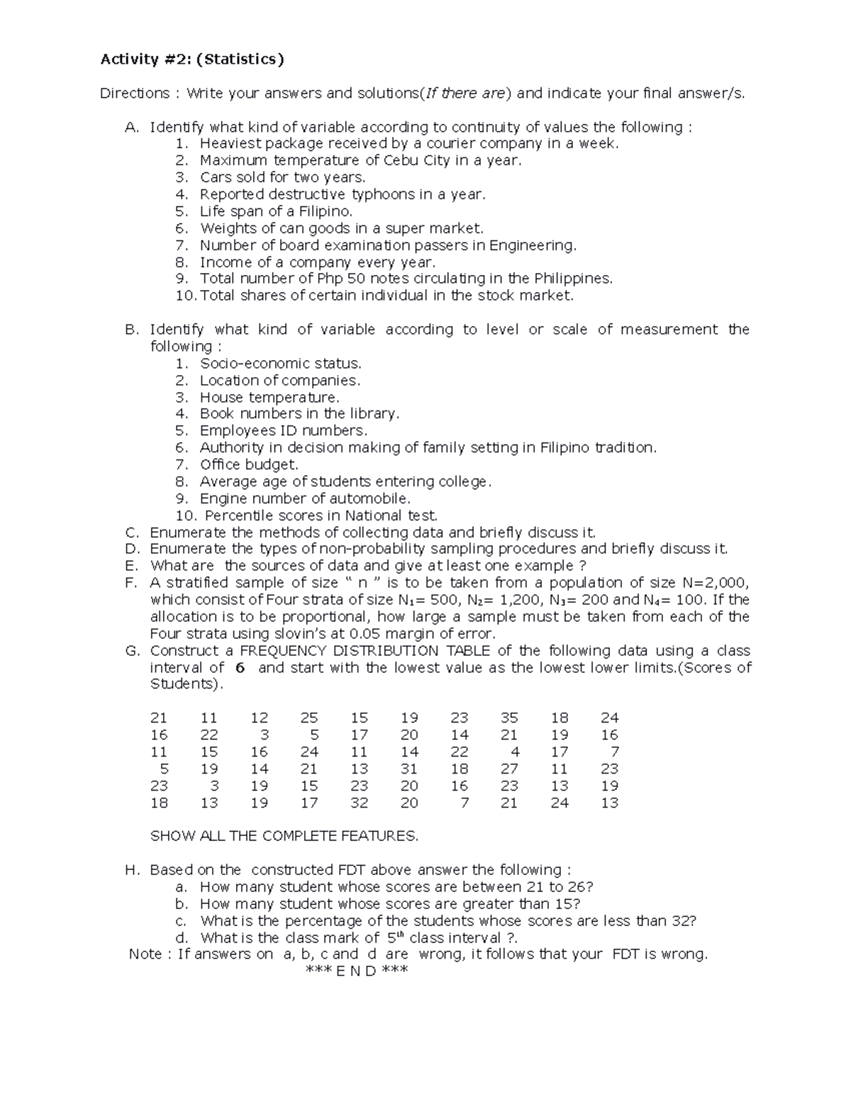 STATs (Assignment #2) - n/a - Activity #2: (Statistics) Directions ...