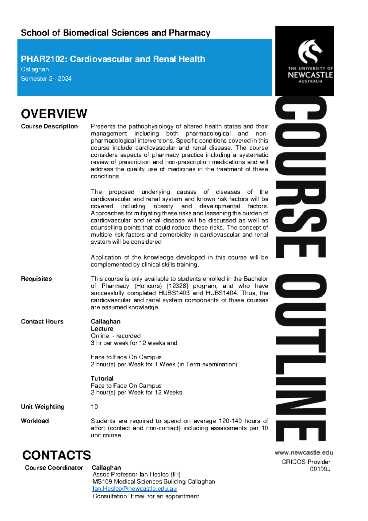 PHAR2102 Semester 2 2024 Cardiovascular and Renal Health Course Outline ...