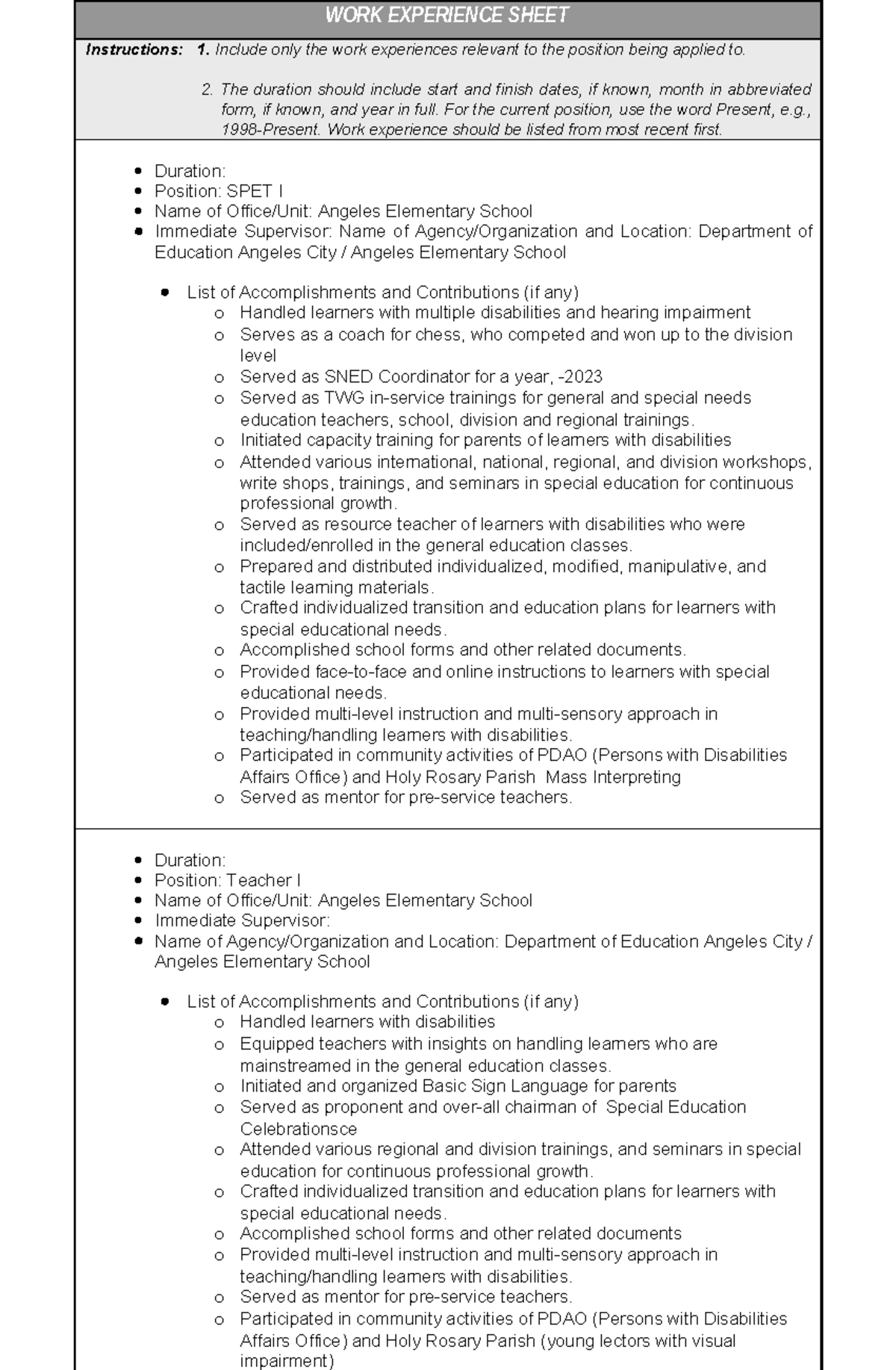 Work Experience Sheet for SPET I Position at Angeles Elementary School ...