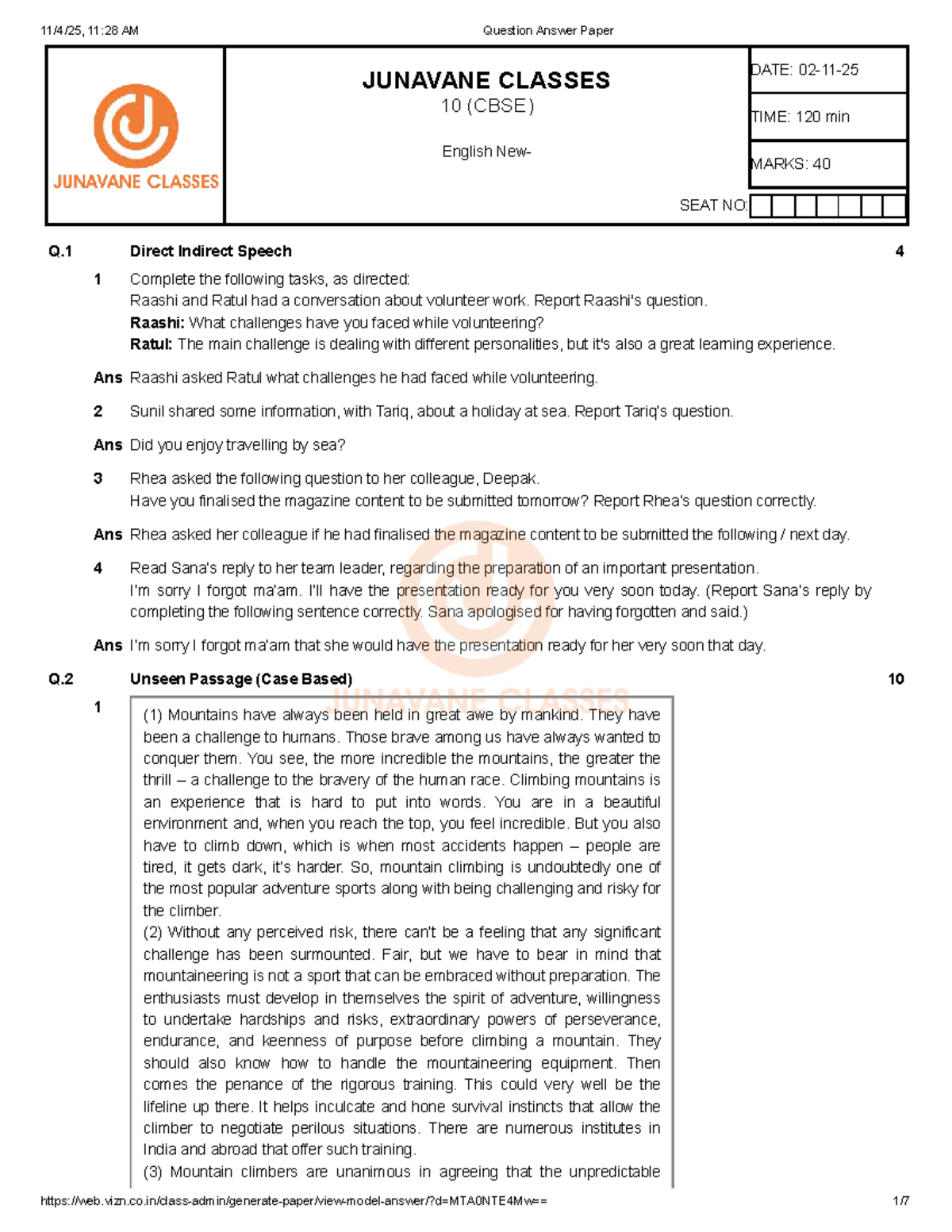10th CBSE English Question Answer Paper - Direct Indirect Speech ...
