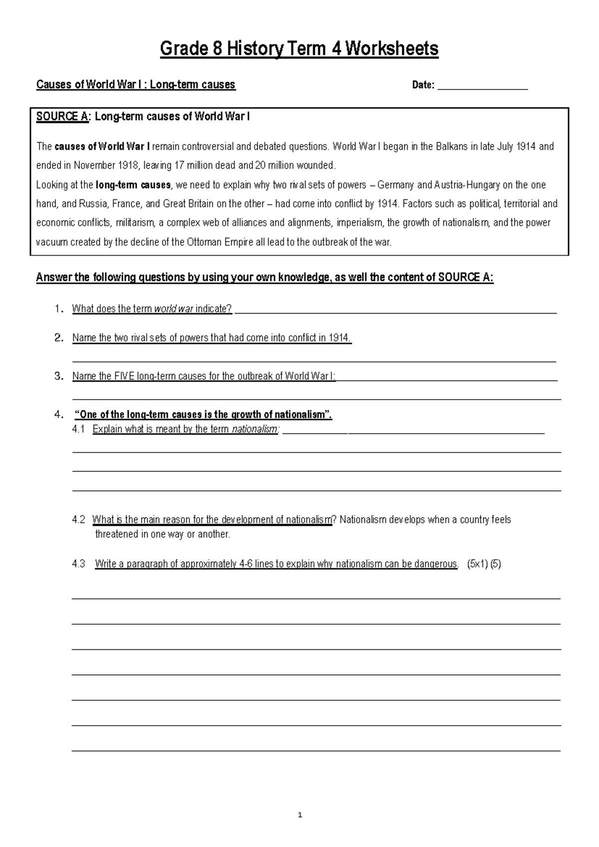 Gr.8H Term 4 History: Causes & Effects of World War I Worksheets - Studocu