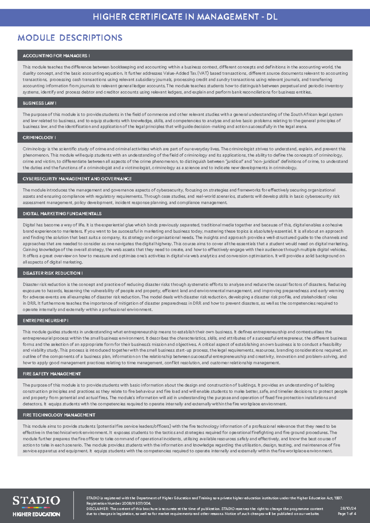 Soaam HCert in Management Module Descriptions DL 2025 - STADIO is ...