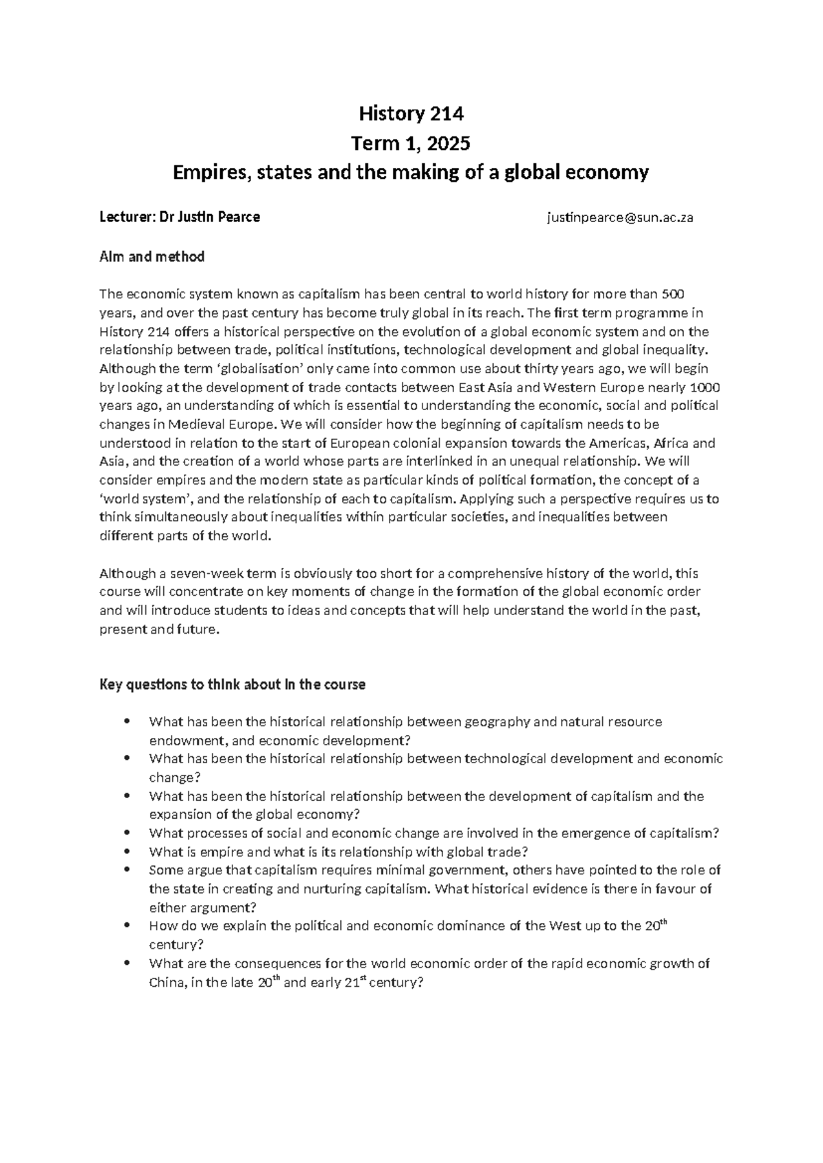 History 214: 2025 Outline & Readings on Global Economic Systems - Studocu