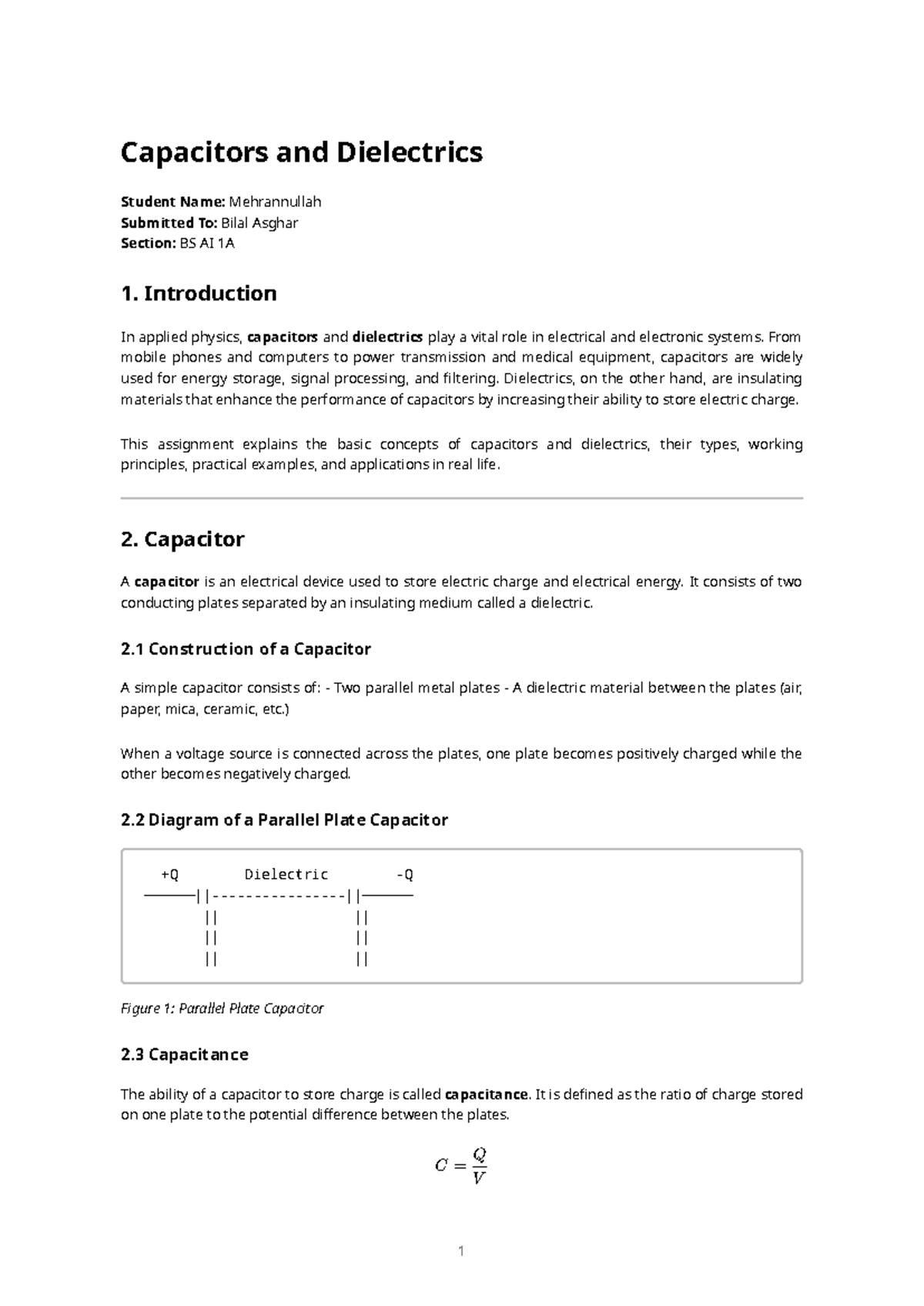 Capacitors and Dielectrics – Applied Physics Assignment (BS AI 1A ...