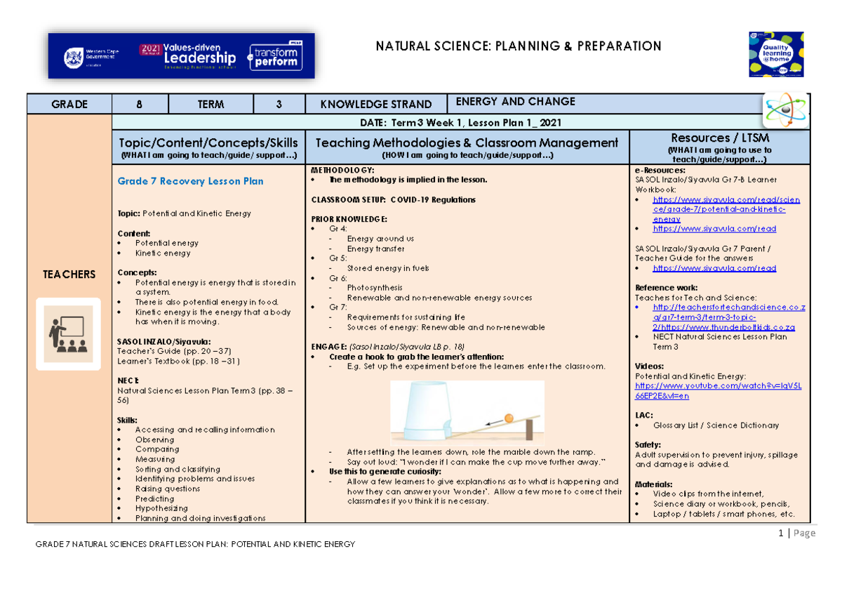 Lesson Plan 1&2 Grade 8 Natural Sciences T3 W1 - 1 | Page GRADE 7 ...