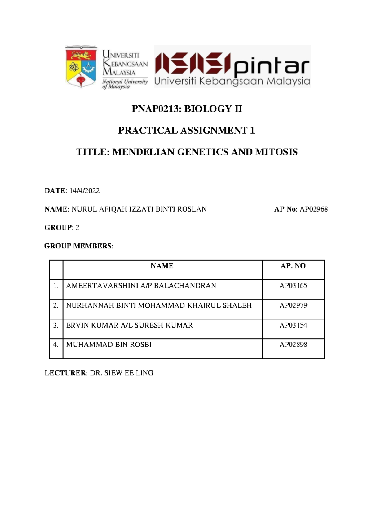 Lab Report - Mendelian Genetics and Mitosis - PNAP0213: BIOLOGY II ...