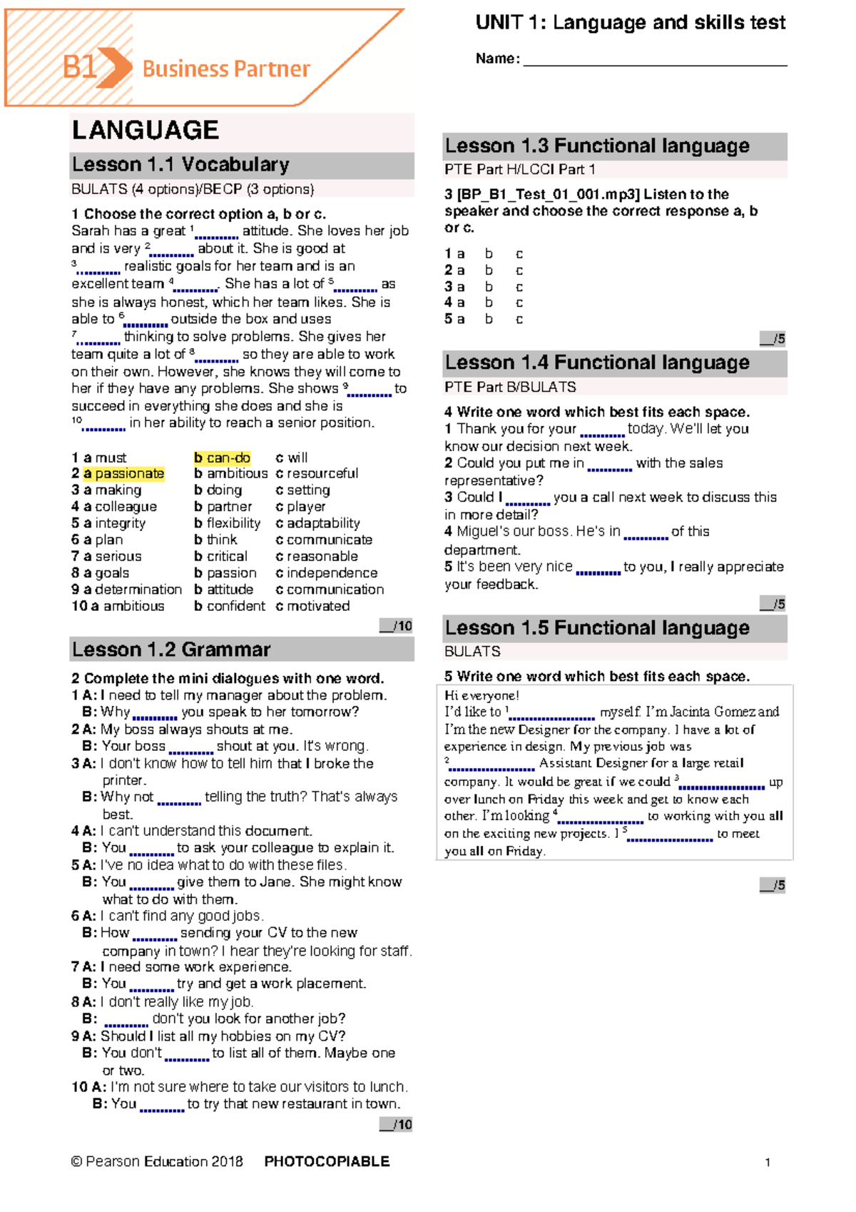 BULATS BECP Vocabulary and Functional Language Lessons Review - Studocu