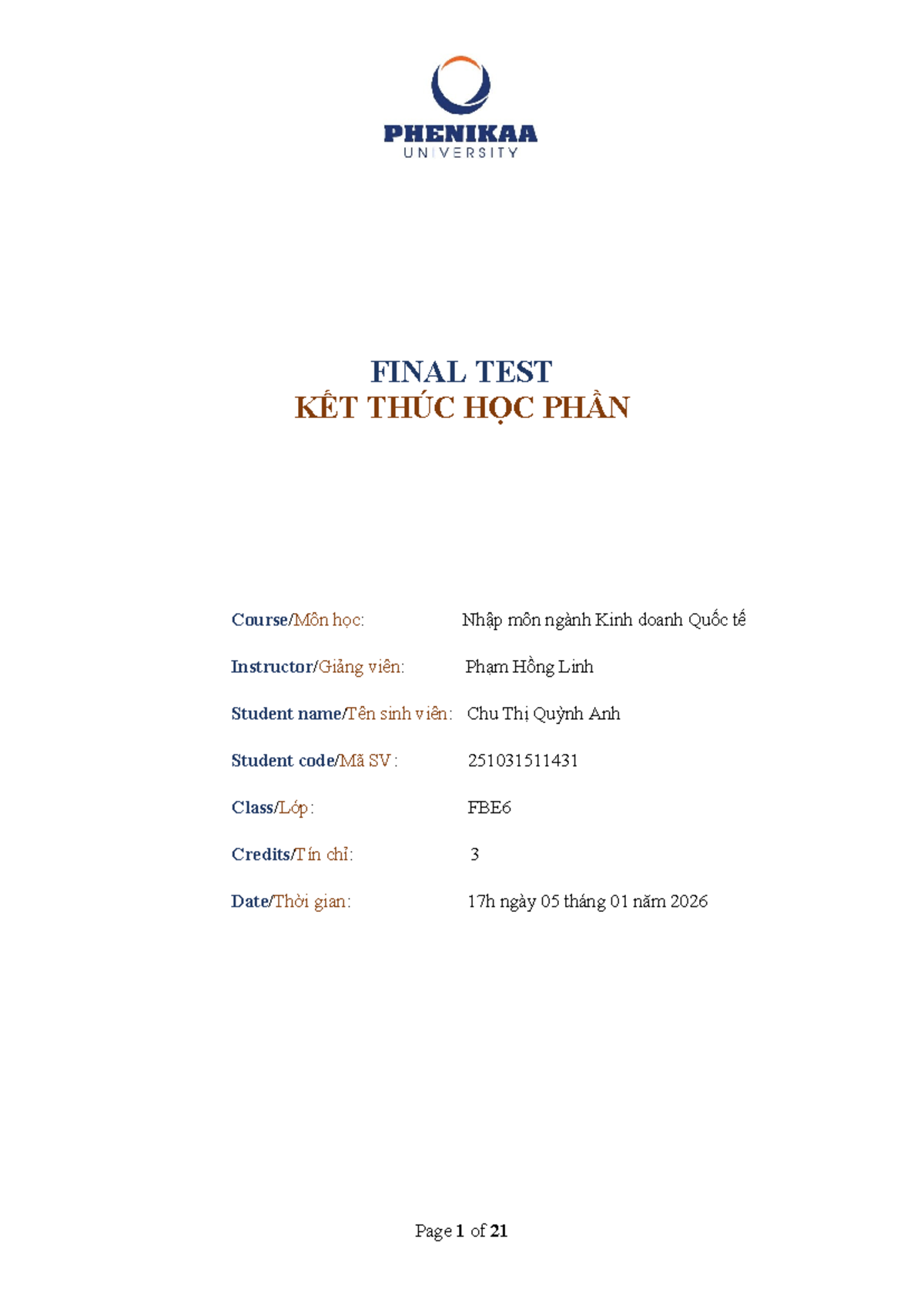 FINAL TEST: KINH DOANH QUỐC TẾ - PHẠM HỒNG LINH (FBE6) - Studocu