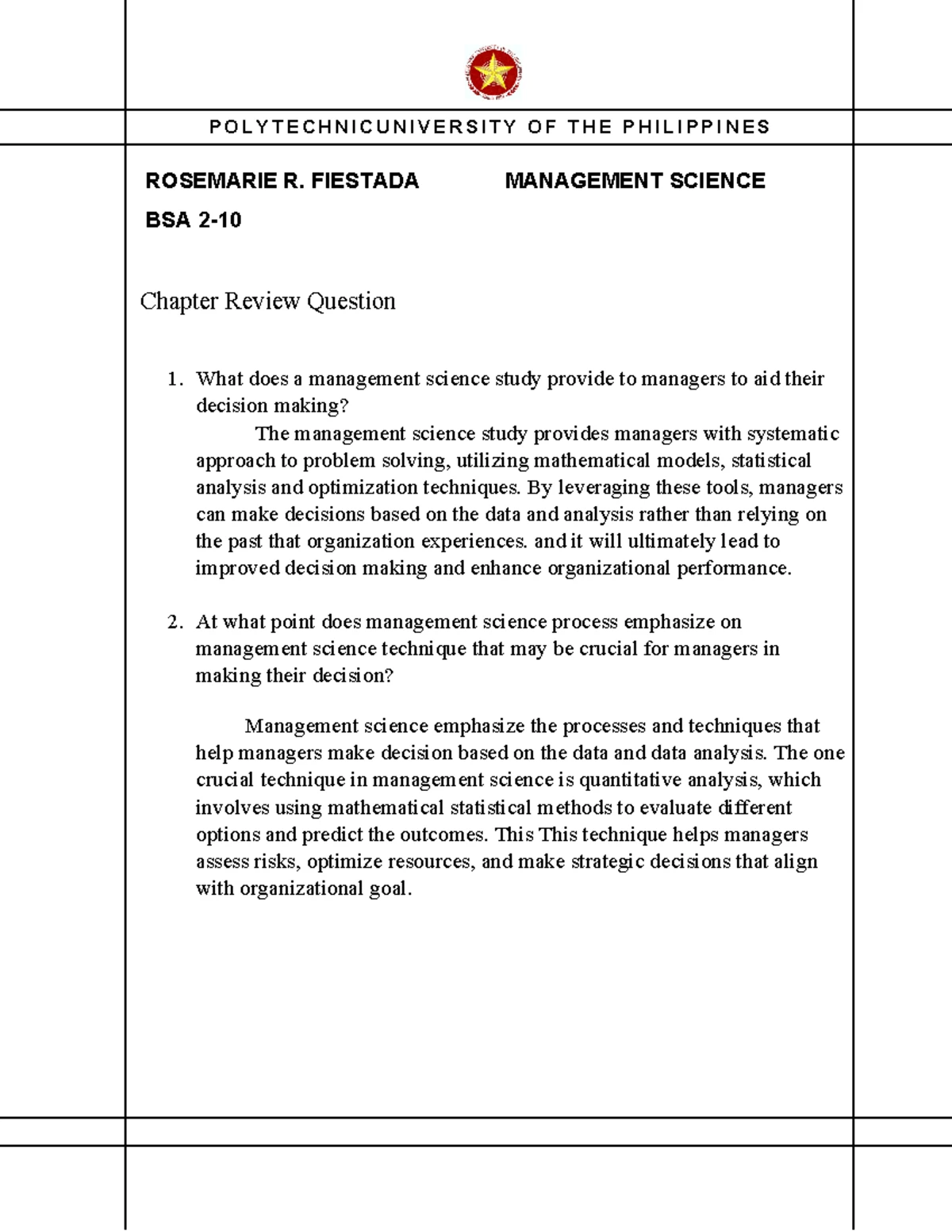 BSA 2 - Management Science Chapter Review & Key Concepts - Studocu
