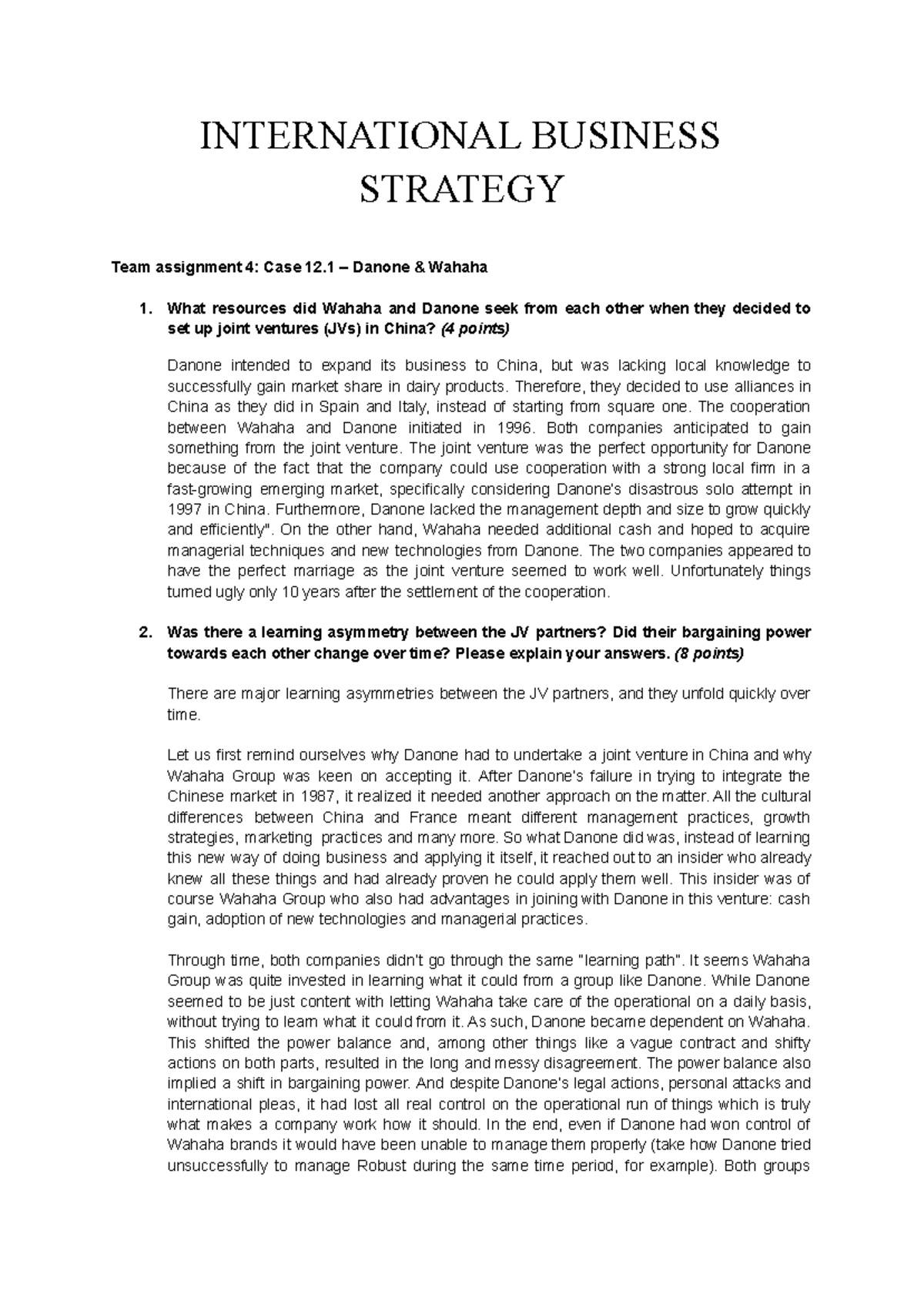 International Business Strategy Assignment 4: Danone & Wahaha Case ...