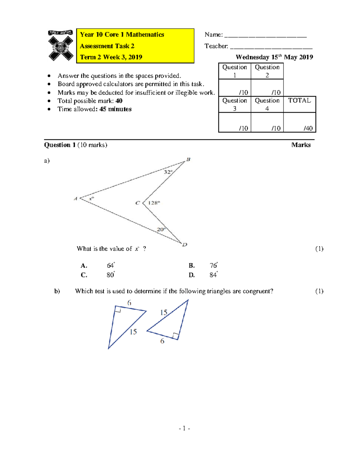 2019 Y10 Core 1 AT2 - Past Paper - Year 10 Core 1 Mathematics Name