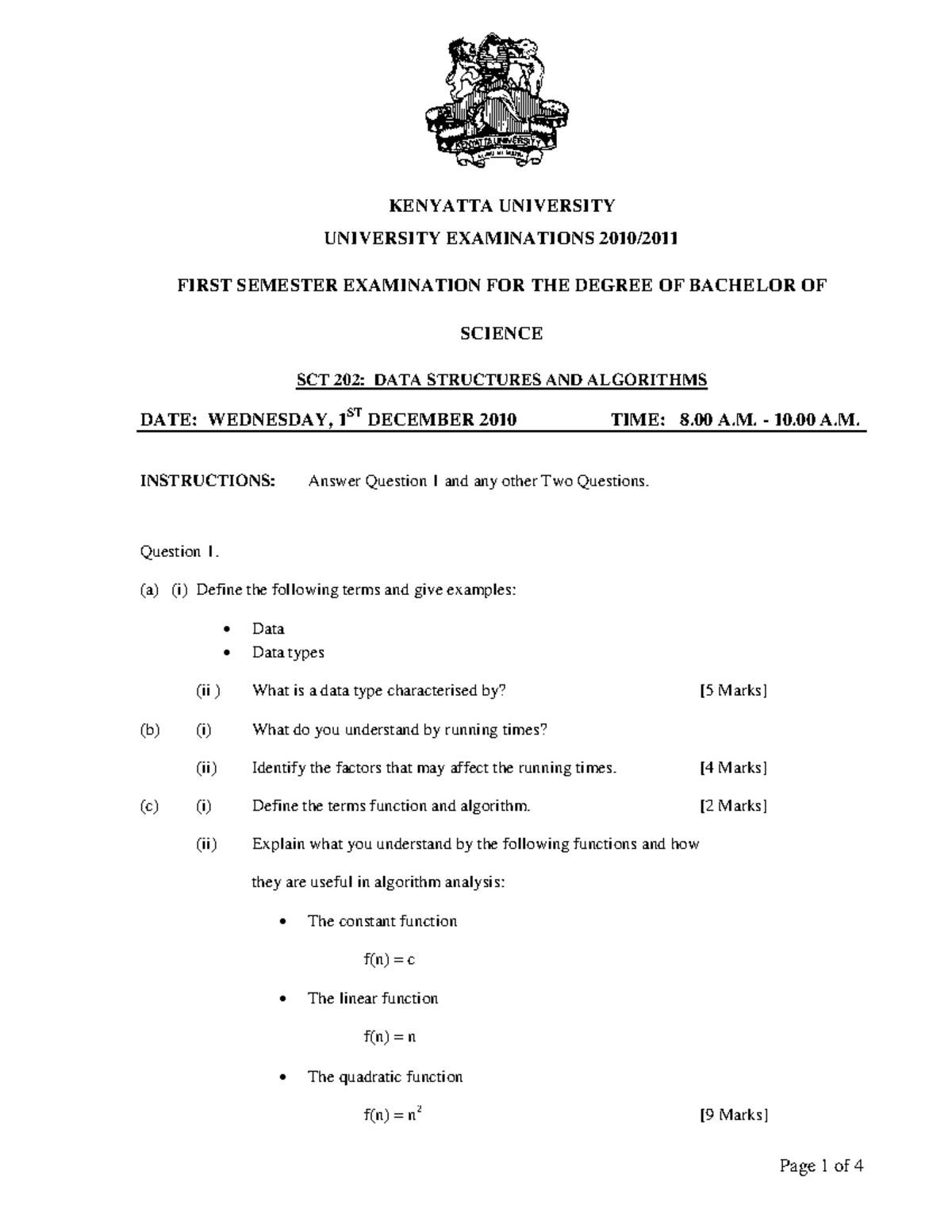 DSA SCT 202: Data Structures & Algorithms Past Exam Paper - Studocu