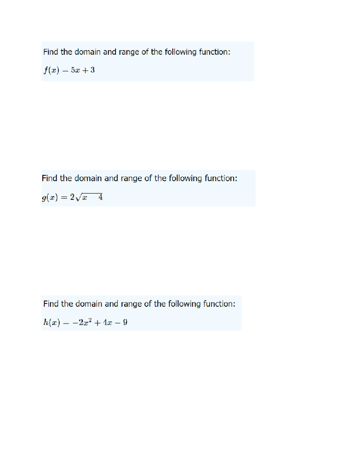 Domain and Range - ch17 - Find the domain and range of the following ...